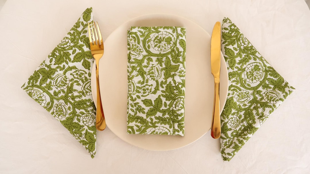 100 Pcs Moss Green Floral Hand Block Printed Napkins Dining Table ...