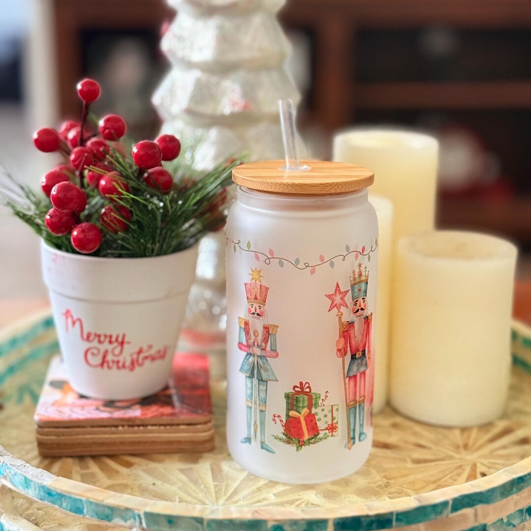 Nutcracker Glass Can | Pink Nutcracker Glass Can | Christmas Glass Cup ...