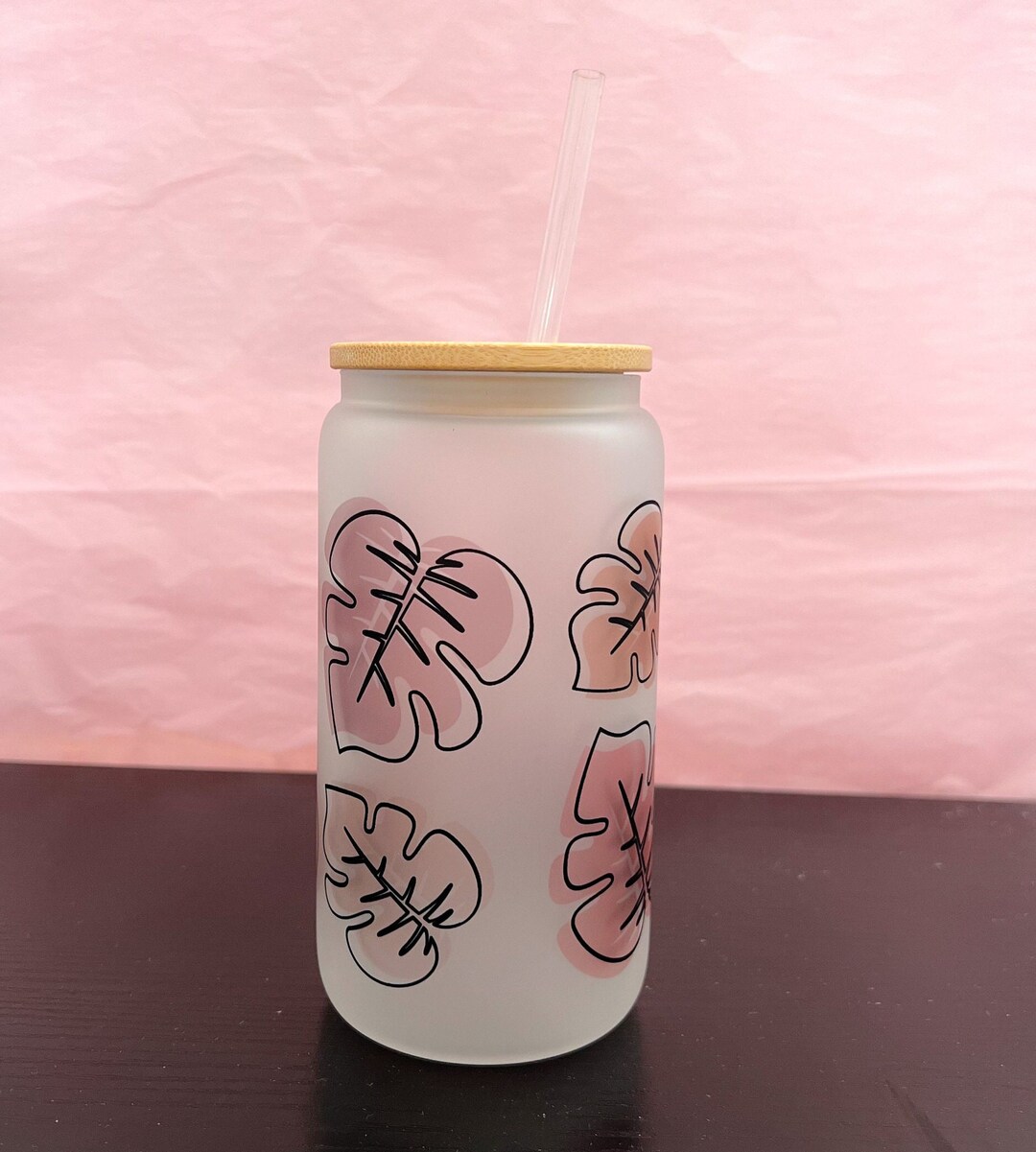 Pink Monstera Glass Can | Monstera Leaves Glass Can | 16oz Pink ...