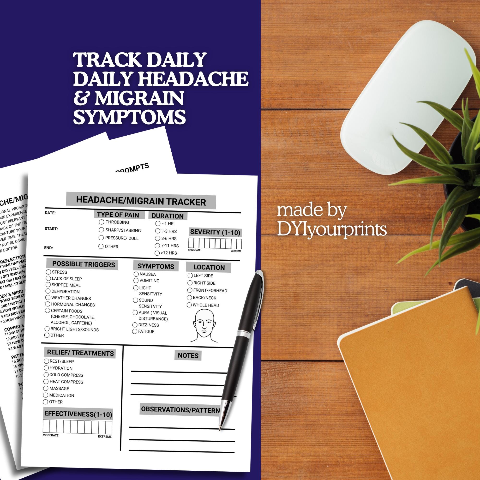Headache Migrain Journal | Printable Daily Pain Log & Symptom Tracker ...