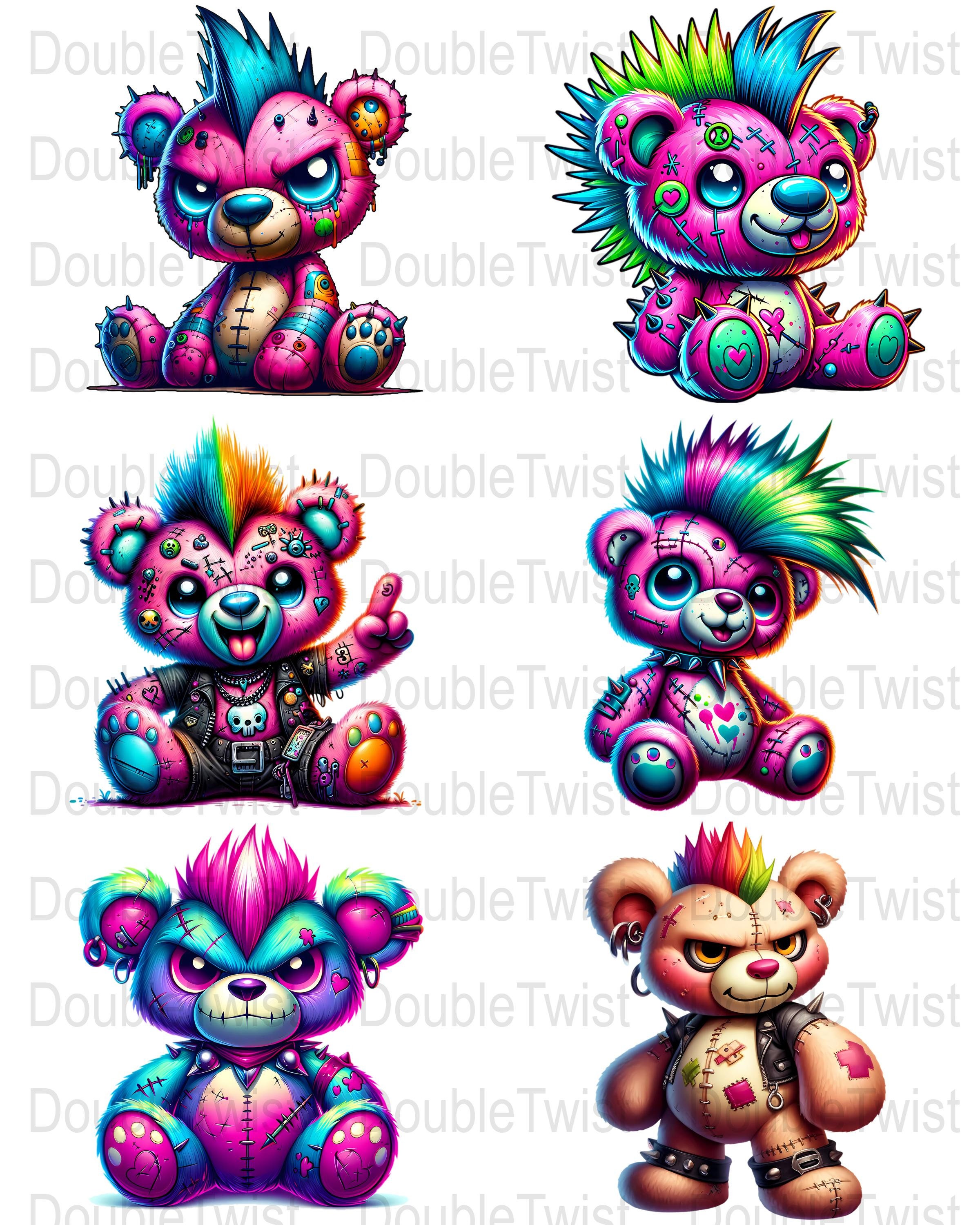 Neon Distressed Punk Teddy Bear Pngs, Vibrant Digital Art Pack ...