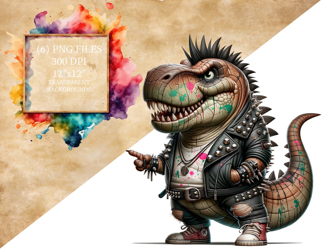 Punk Rock Dinosaurs Clipart, Printable T-rex With Mohawk, Dino Band PNG ...