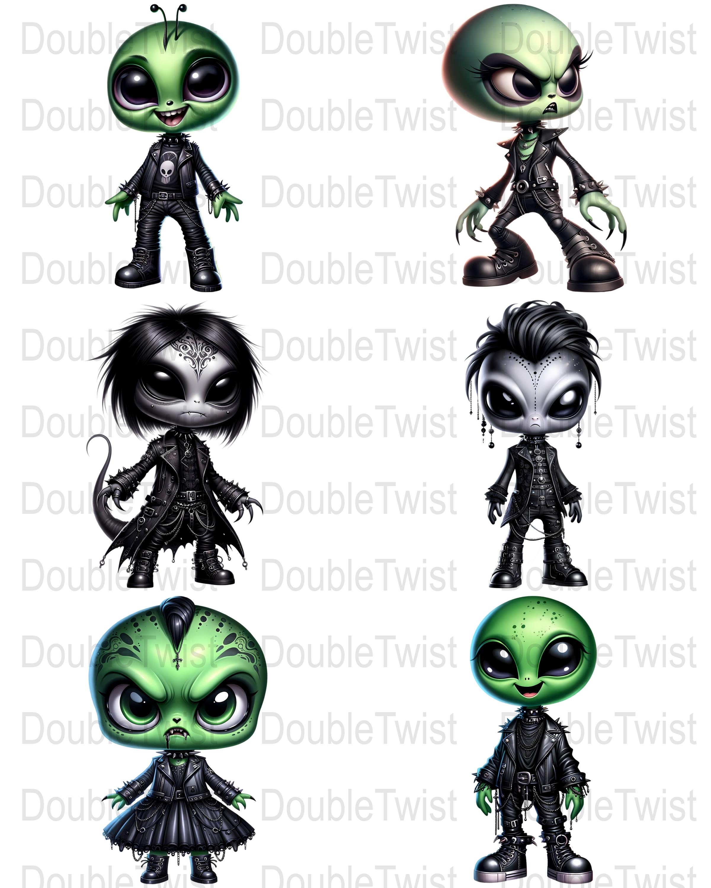 Goth Aliens PNG Pack, Cute Punk Alien Clipart, Dark Emo Characters ...