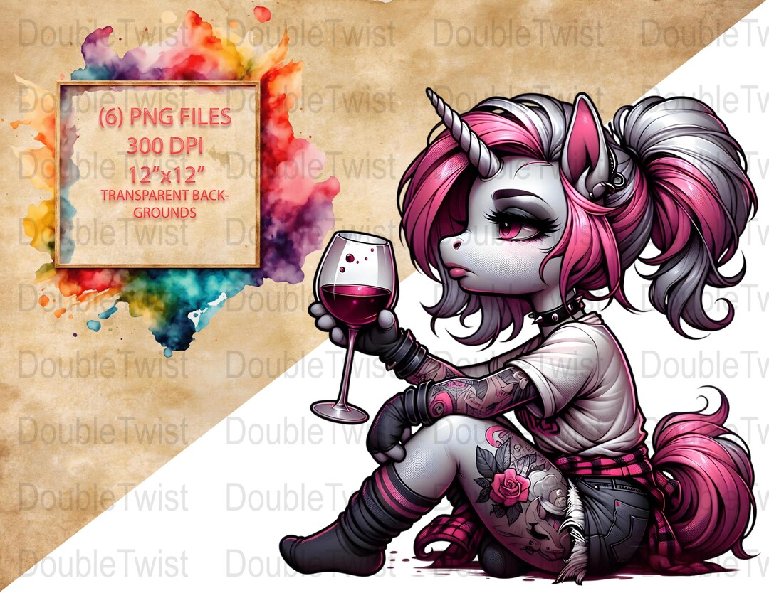 Goth Unicorn Clipart Set, Emo Unicorns Drinking Wine, Dark Fantasy Art ...