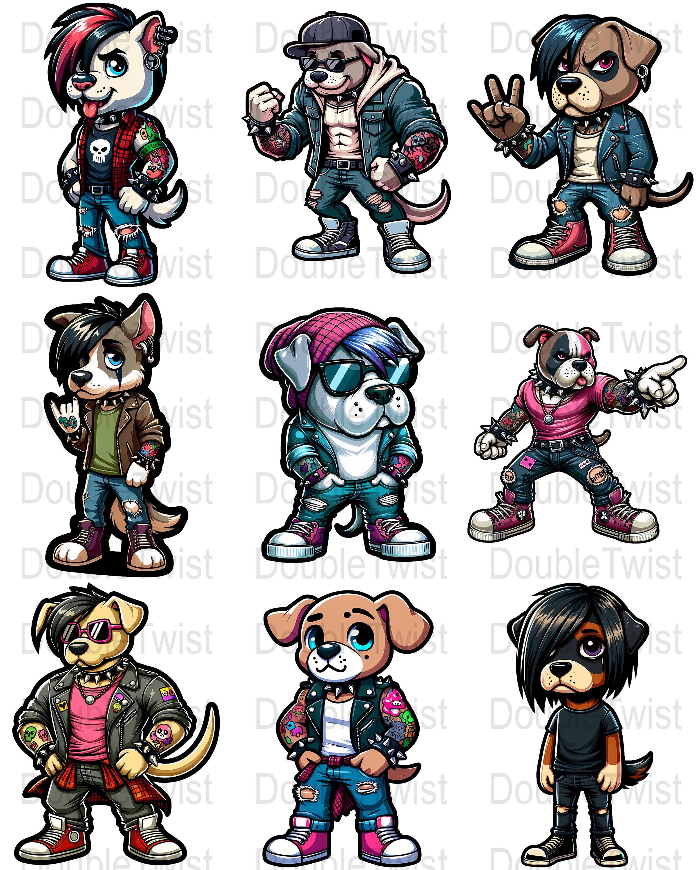 Emo Dogs Clipart Stickers, Punk Puppies, Cartoon Dog Decals ...