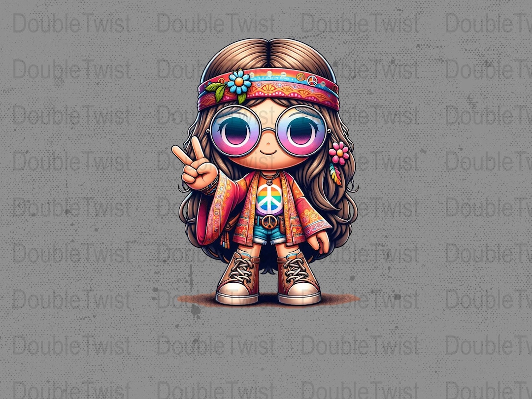 Hippie Girl Clipart, Peace Sign Digital Download, Boho Cartoon ...