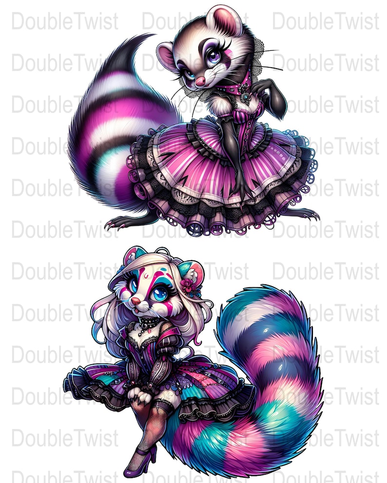 Flirty Pastel Goth Ferret Clipart, Cute Kawaii Ferret Illustrations ...