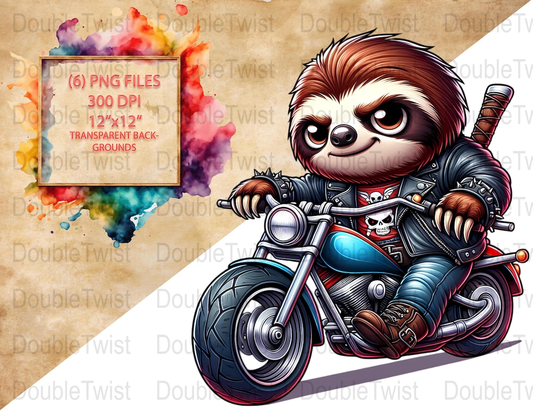 Cute Biker Sloth PNG Clipart Set, Adorable Motorcycle Sloths, Digital ...