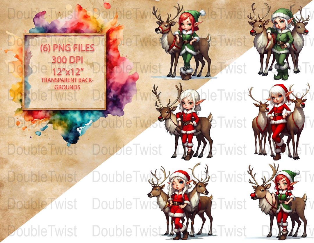 Christmas Elf and Reindeer Digital Art Set, Holiday Printable Decor ...