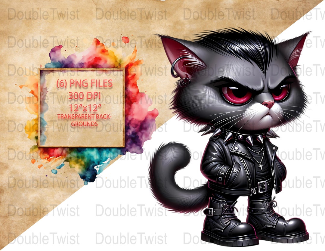 Goth Cat Digital Pngs, Black Cats in Leather Jackets, Cute Emo Kitty ...