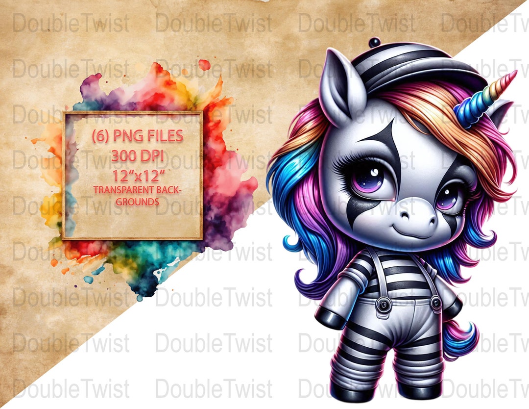 Cute Mime Unicorn Clipart Bundle, Rainbow Hair Unicorn Illustrations ...