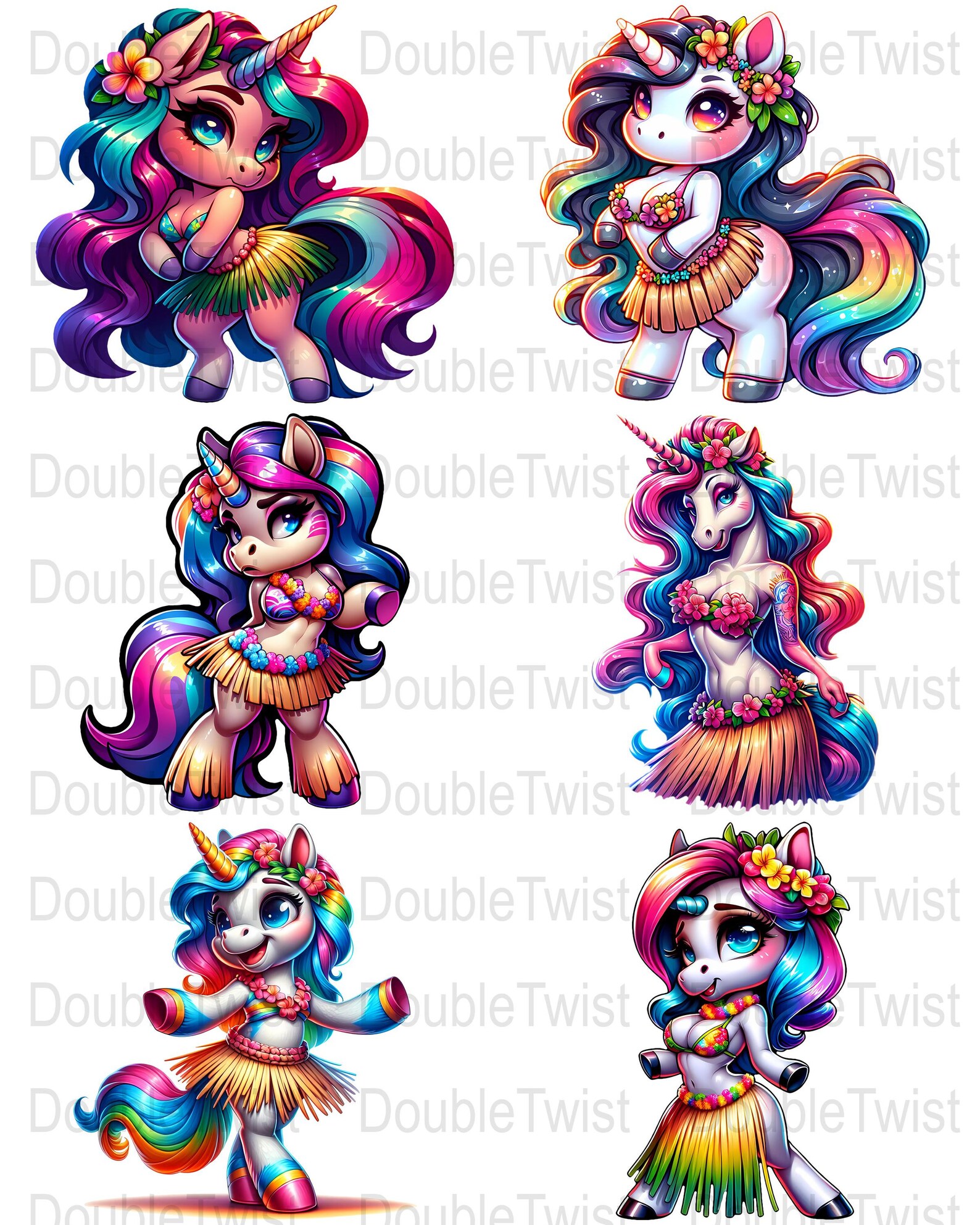 Hula Girl Unicorns Clipart, Adorable Unicorn Clipart, Hawaiian Unicorn ...