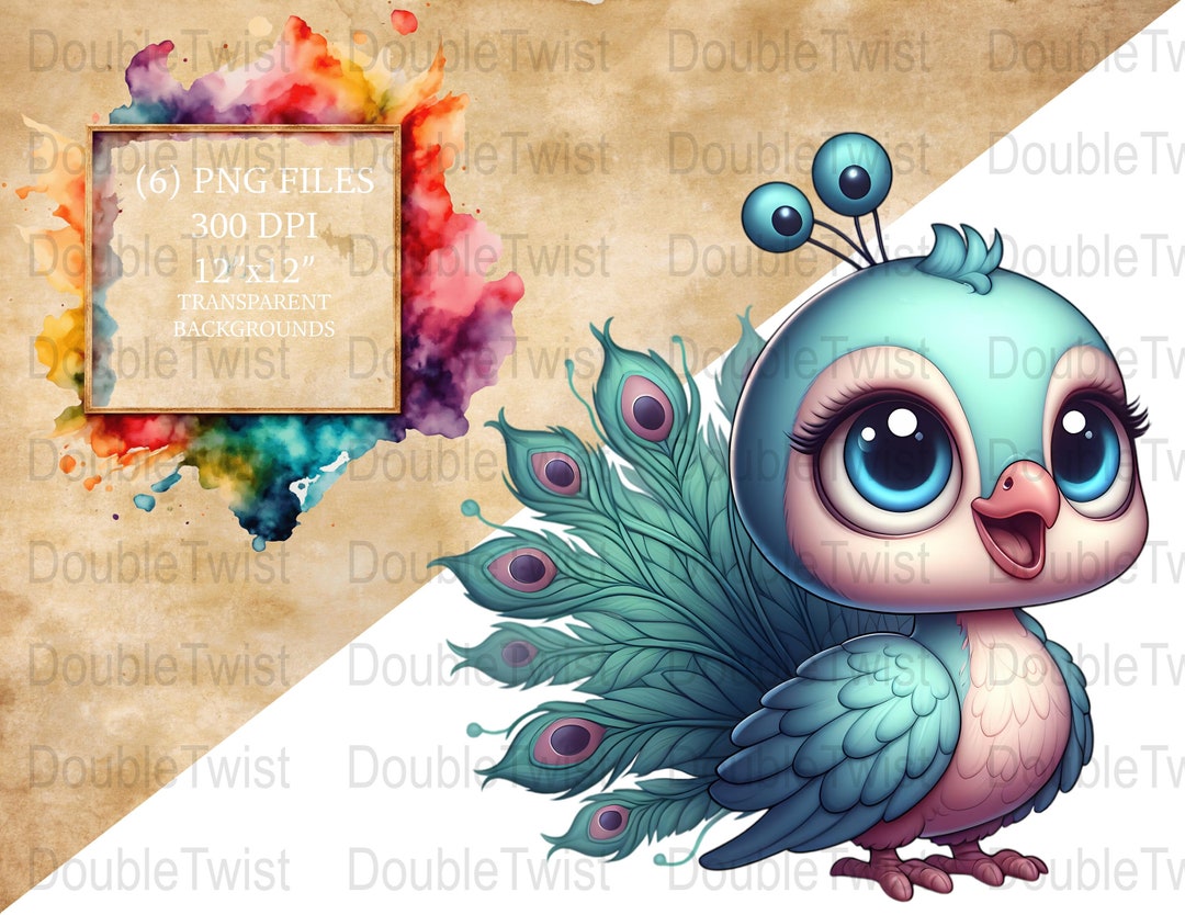 Baby Peacock Clipart, Cute Cartoon Peacock PNG Files, Digital Download ...