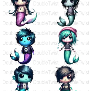 Emo Mermaids Clipart Pack, Cute Goth Mermaid Pngs, Digital Download, Alternative Style Ocean ...