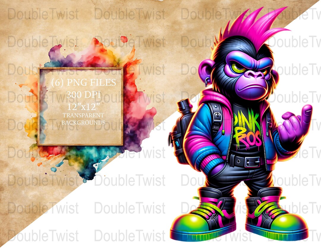 Neon Punk Gorilla Clipart, Colorful Punk Ape PNG, Digital Download ...
