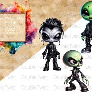 Goth Aliens PNG Pack, Cute Punk Alien Clipart, Dark Emo Characters ...