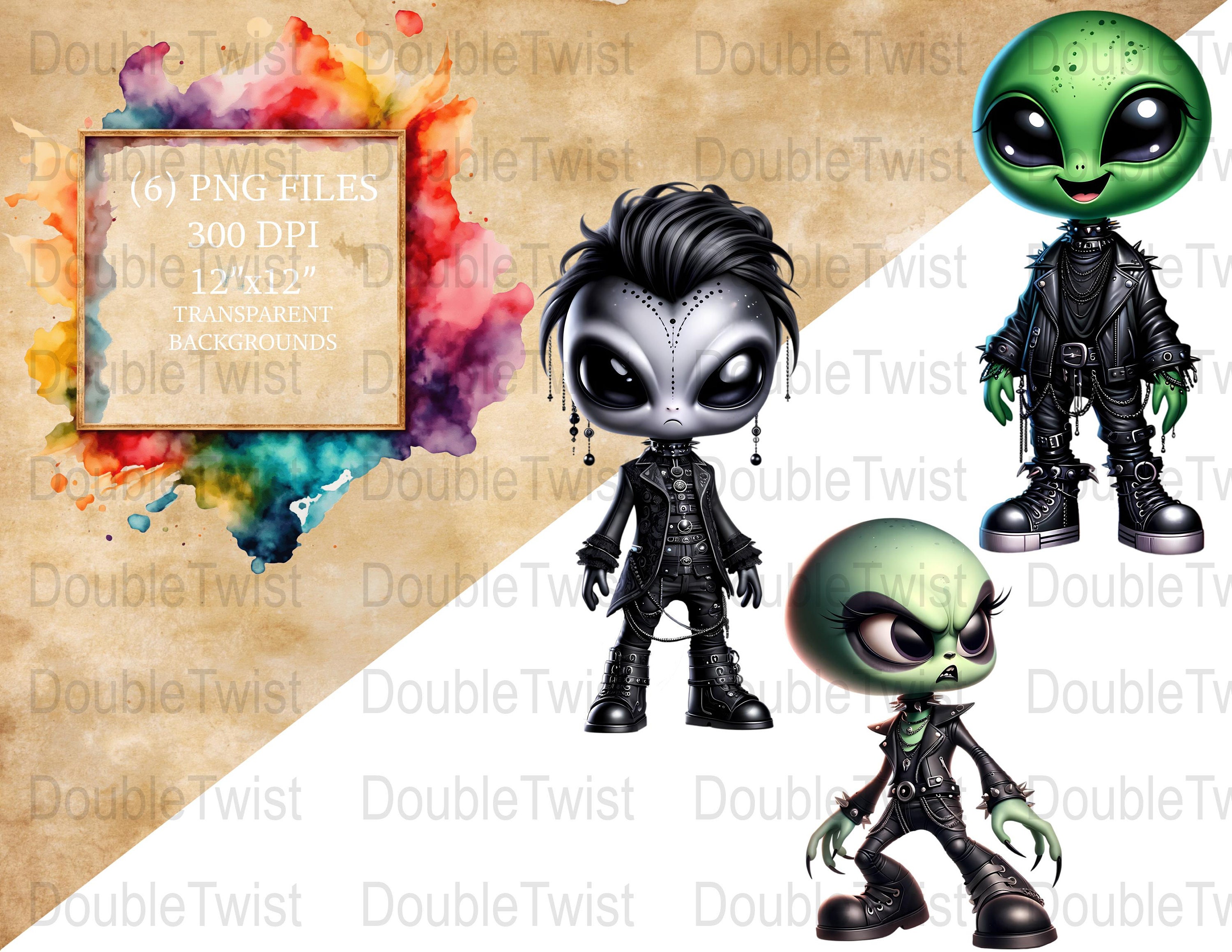 Goth Aliens PNG Pack, Cute Punk Alien Clipart, Dark Emo Characters ...