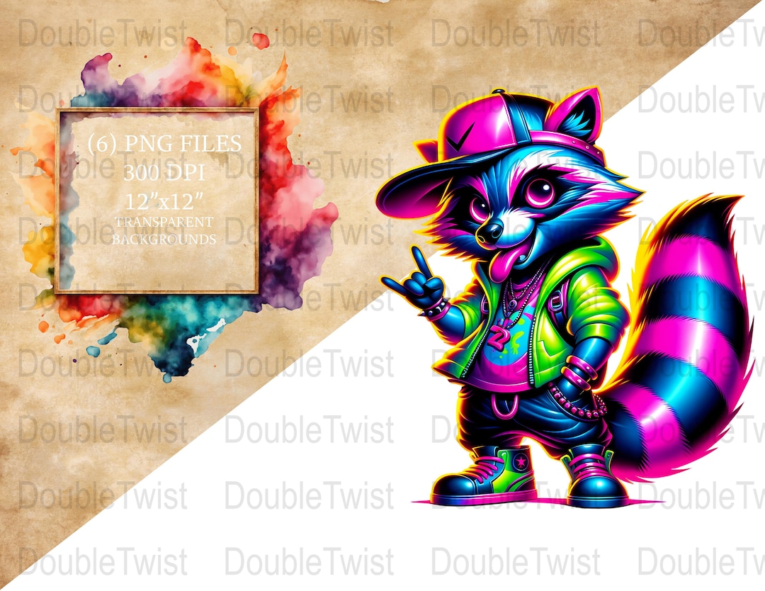 Neon Punk Raccoon Clipart, Bright Digital PNG, Urban Animal ...