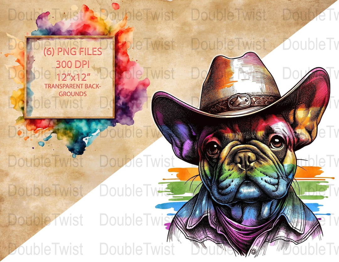 Colorful French Bulldog Pngs, Cowboy Hat Digital Clipart, Bright Dog ...