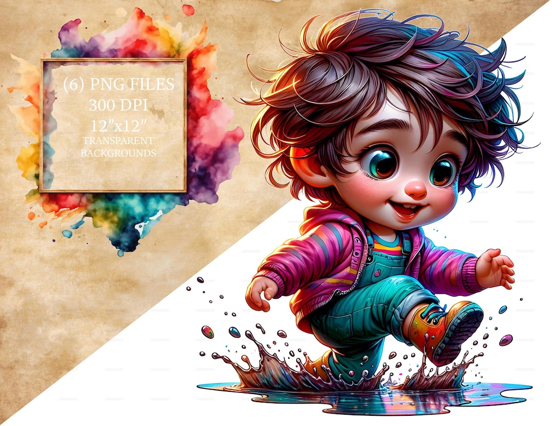 Cute Toddler Clipart PNG, Watercolor Puddle, Chibi Art, Rainbow ...