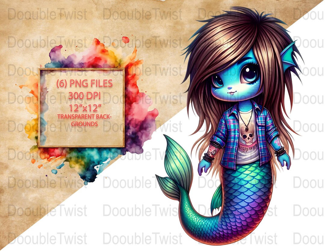 Cute Emo Mermaid Clipart Set 02, Digital Download, Kawaii Mermaid Art ...