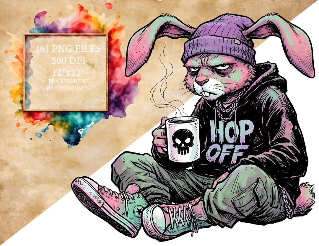 Grumpy Easter Bunny Clipart Bundle, Tired Bunny With Coffee PNG, Moody ...