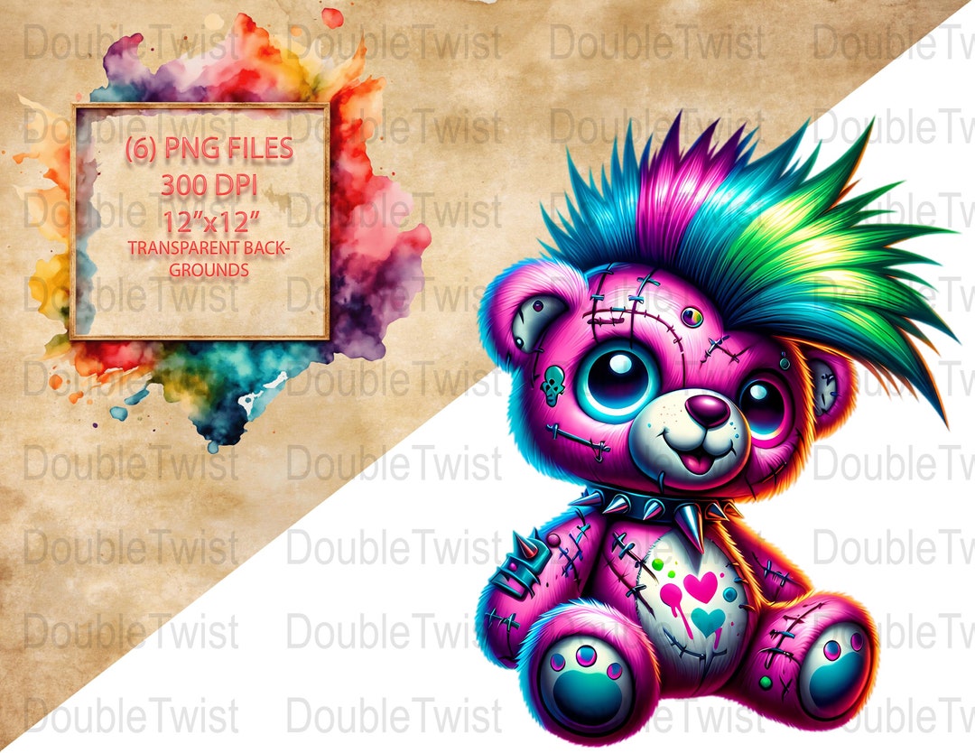 Neon Distressed Punk Teddy Bear Pngs, Vibrant Digital Art Pack ...