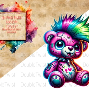 Neon Distressed Punk Teddy Bear Pngs, Vibrant Digital Art Pack ...