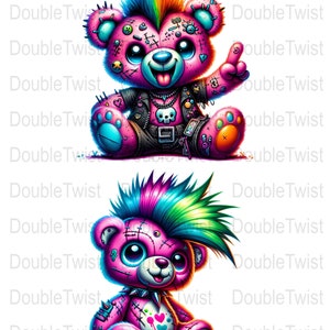 Neon Distressed Punk Teddy Bear Pngs, Vibrant Digital Art Pack ...