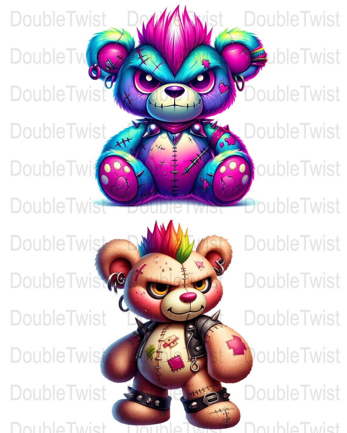 Neon Distressed Punk Teddy Bear Pngs, Vibrant Digital Art Pack ...