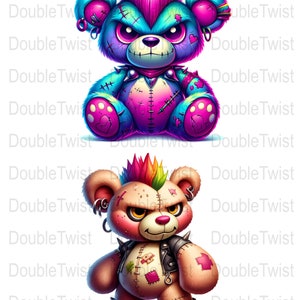 Neon Distressed Punk Teddy Bear Pngs, Vibrant Digital Art Pack ...
