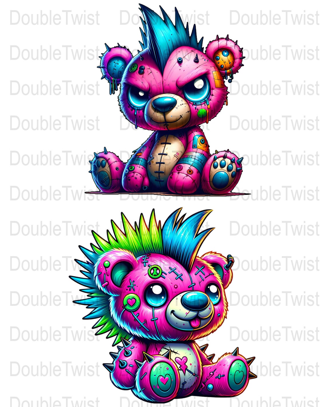 Neon Distressed Punk Teddy Bear Pngs, Vibrant Digital Art Pack ...
