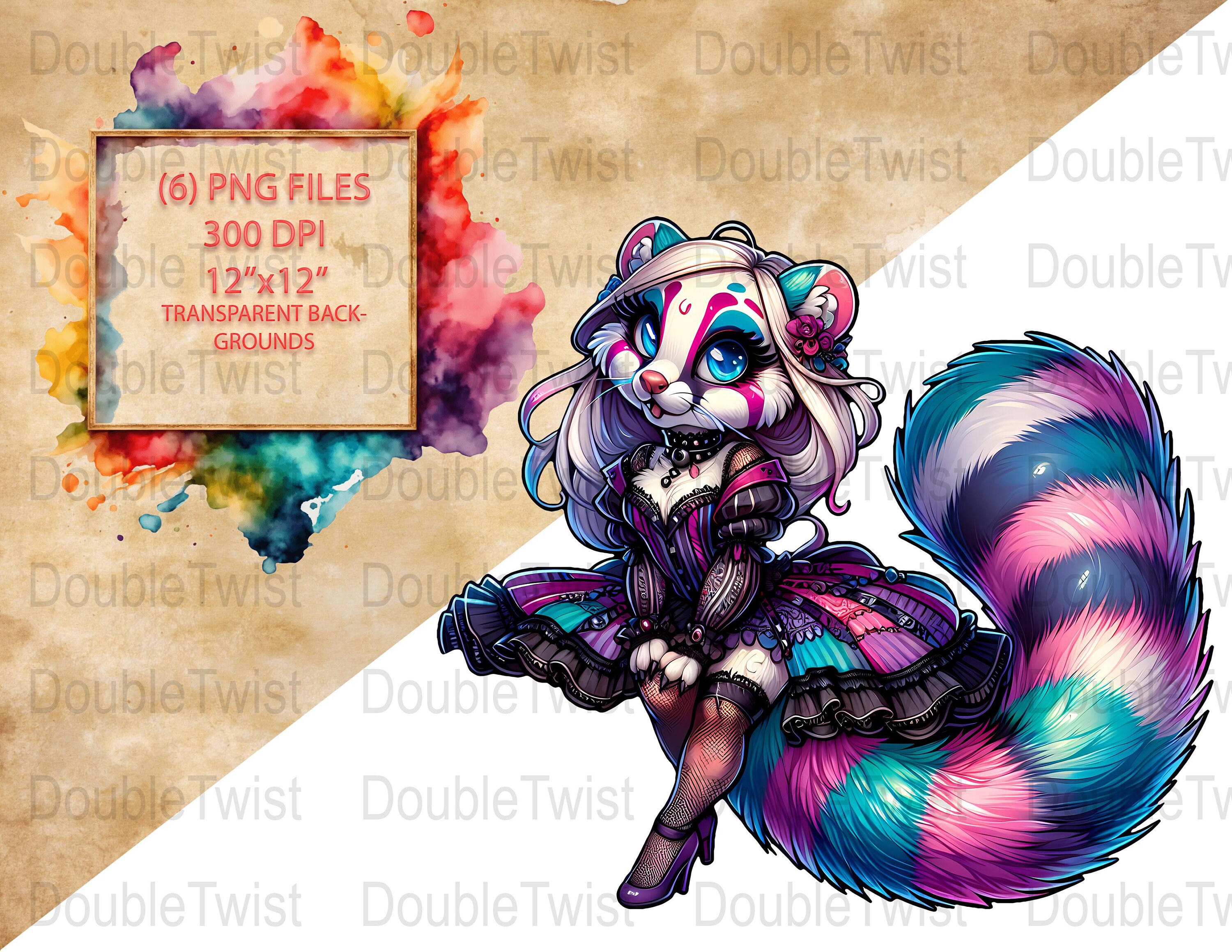 Flirty Pastel Goth Ferret Clipart, Cute Kawaii Ferret Illustrations ...