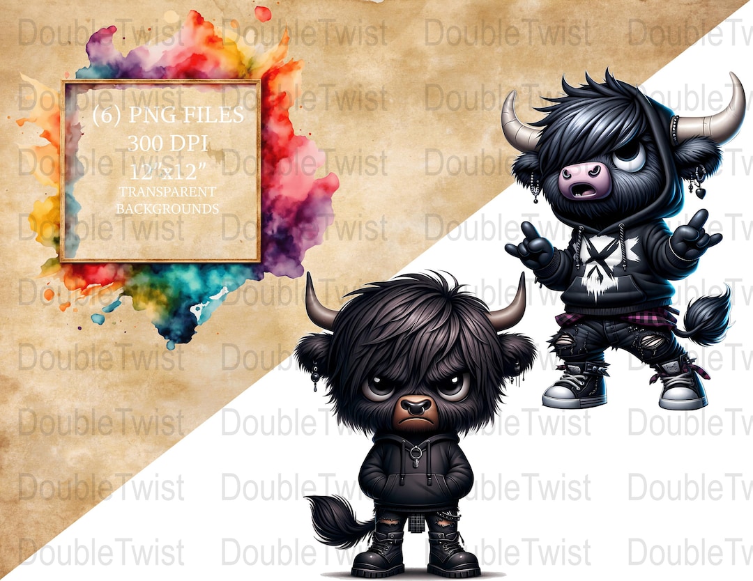 Emo Highland Cows Clipart, Goth Farm Animal PNG, Cute Emo Cow Digital ...