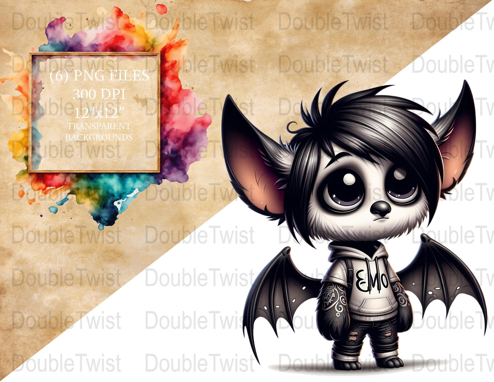 Emo Bats Clipart, Cute Gothic Bat Pngs, Digital Download, Cartoon Emo ...