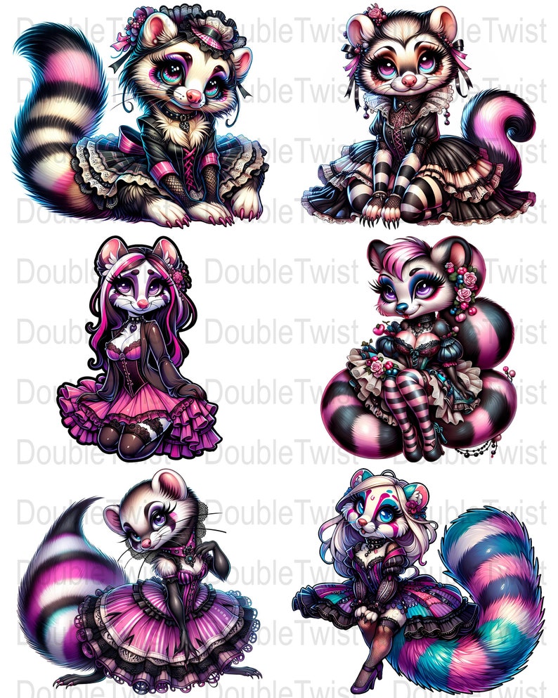 Flirty Pastel Goth Ferret Clipart, Cute Kawaii Ferret Illustrations ...