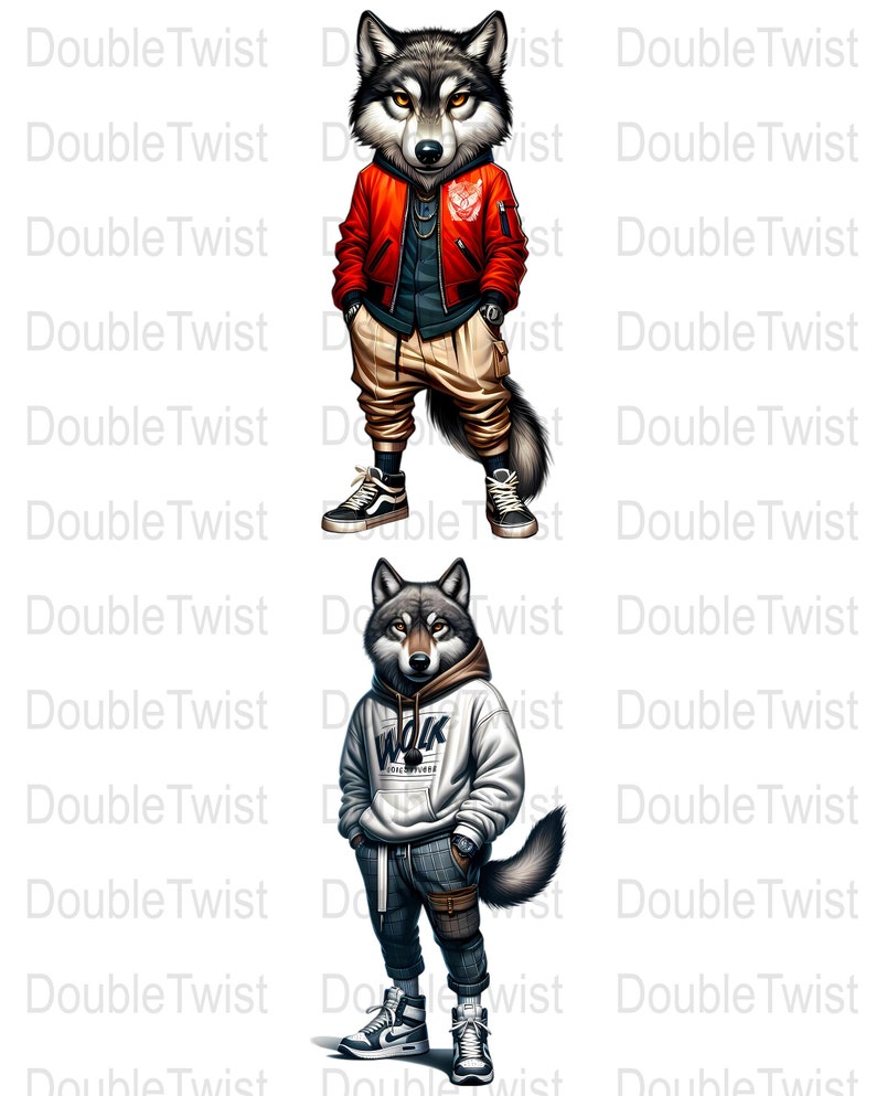 Streetwear Wolf Clipart Set, Urban Wolf Character PNG, Fashionable ...