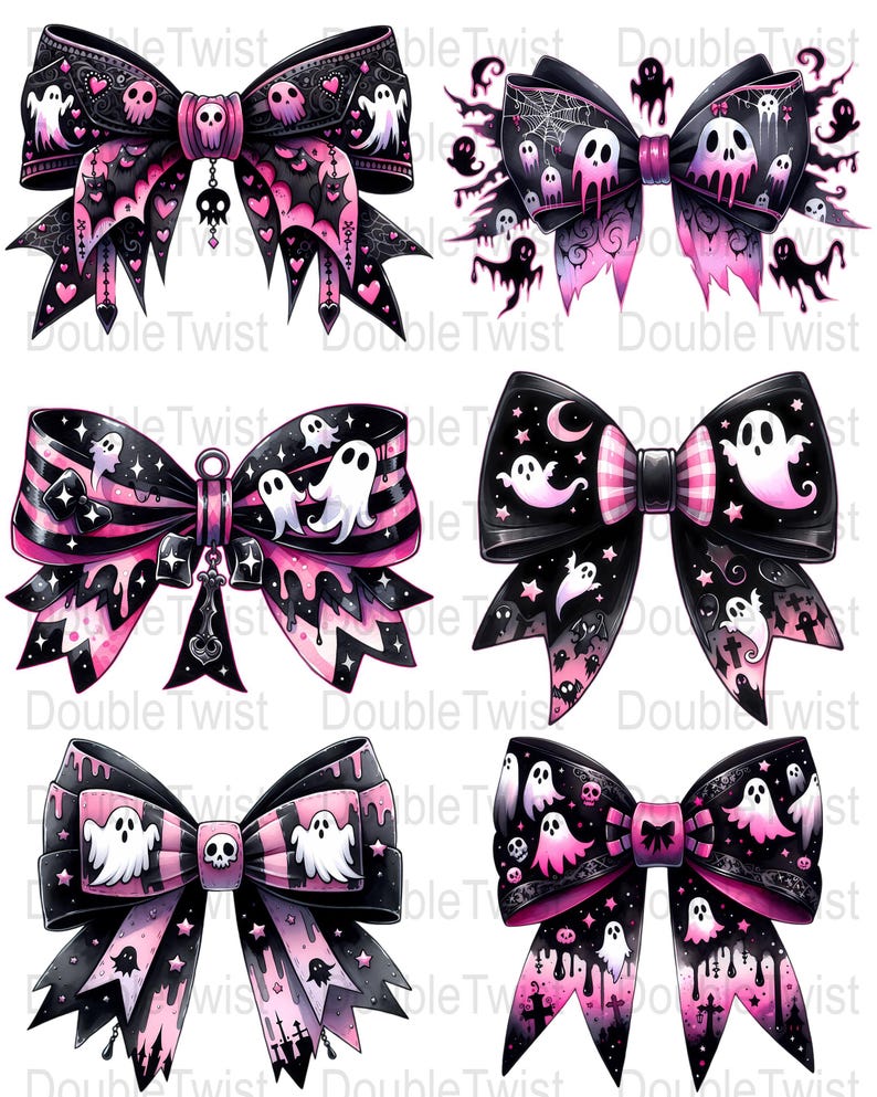 Cute Gothic Halloween Coquette Bow PNG Spooky Ghosts and Skulls Digital ...