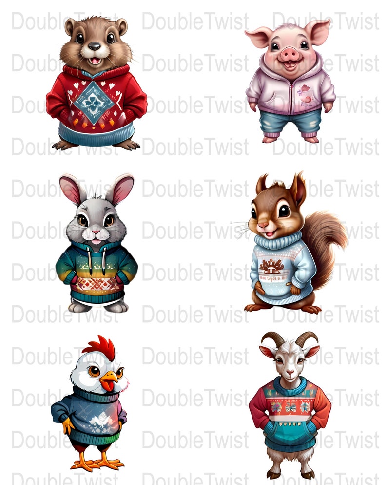Cute Animals in Sweaters Clipart, Adorable Dressed Cartoon Critters PNG ...