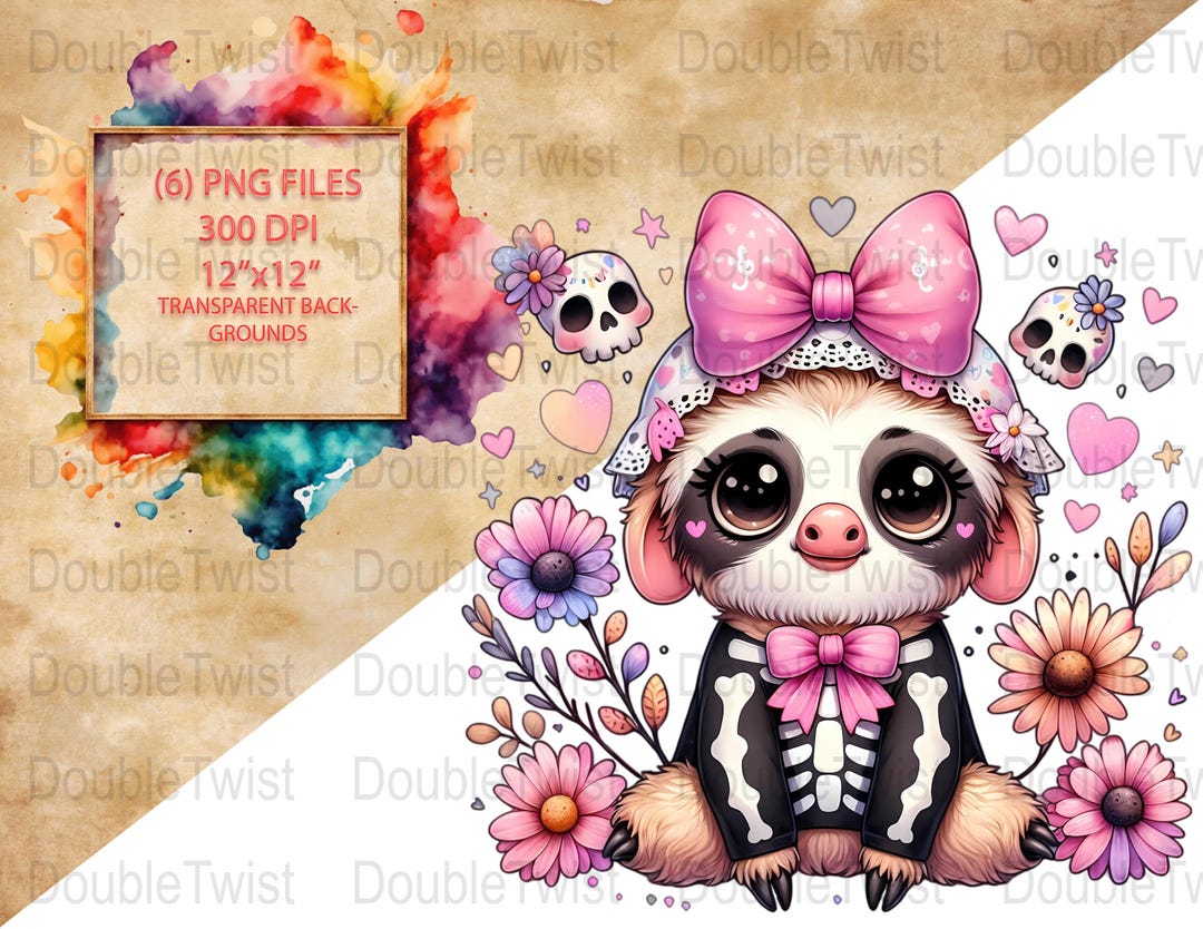 Cute Skeleton Costume Sloth With Pink Bow PNG Clipart, Adorable Sloth ...