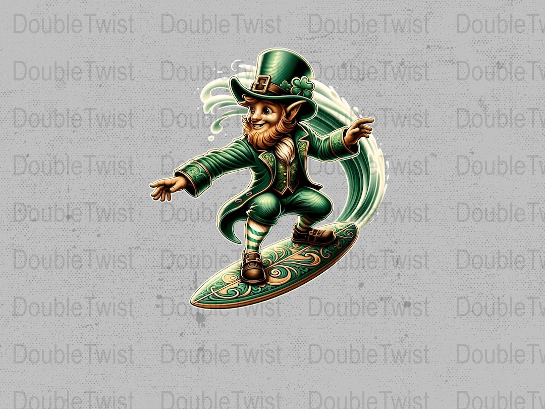 Surfing Leprechaun PNG, St. Patrick's Day Illustration, Irish Folklore Printable, St. Paddy's T ...