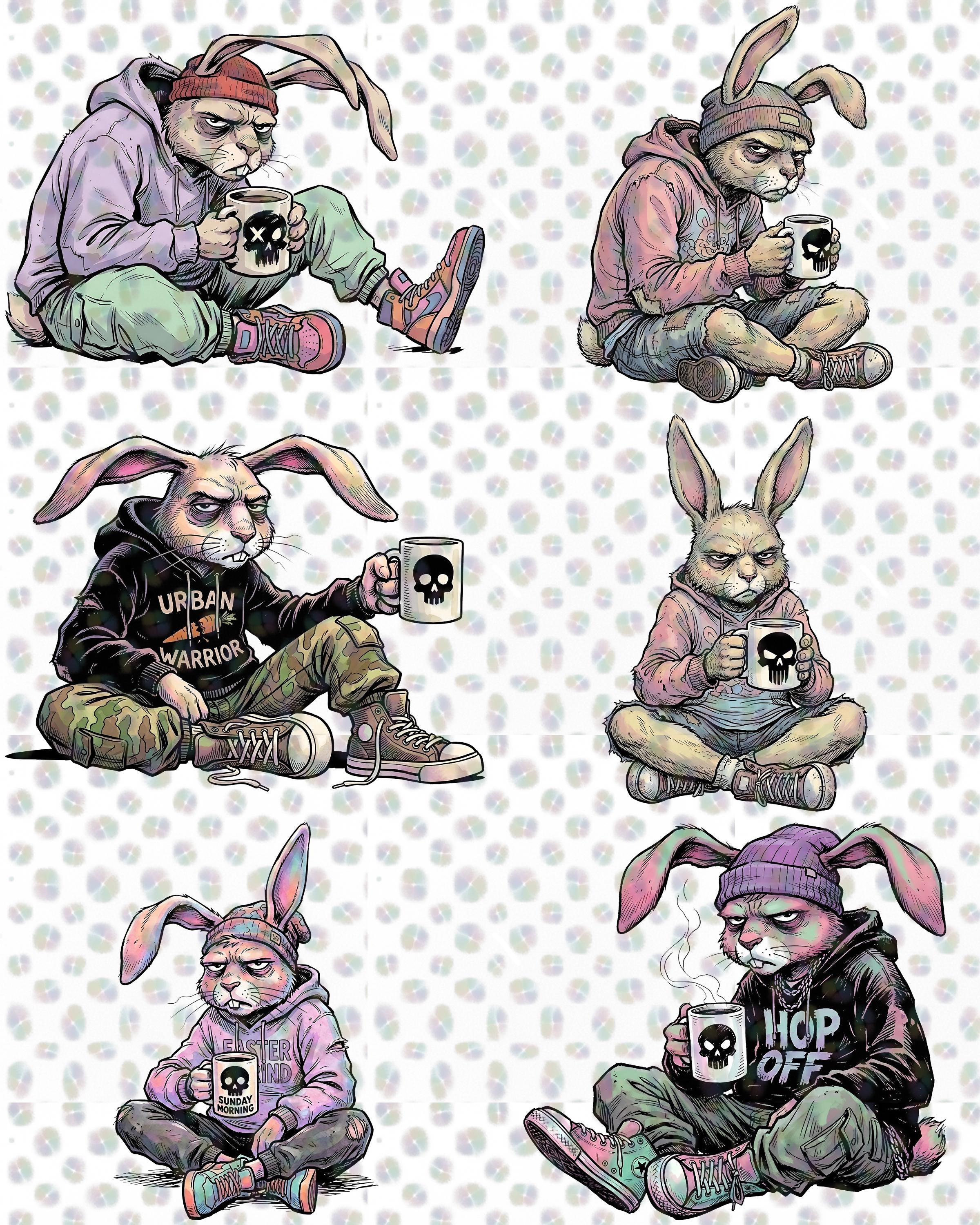 Grumpy Easter Bunny Clipart Bundle, Tired Bunny With Coffee PNG, Moody ...