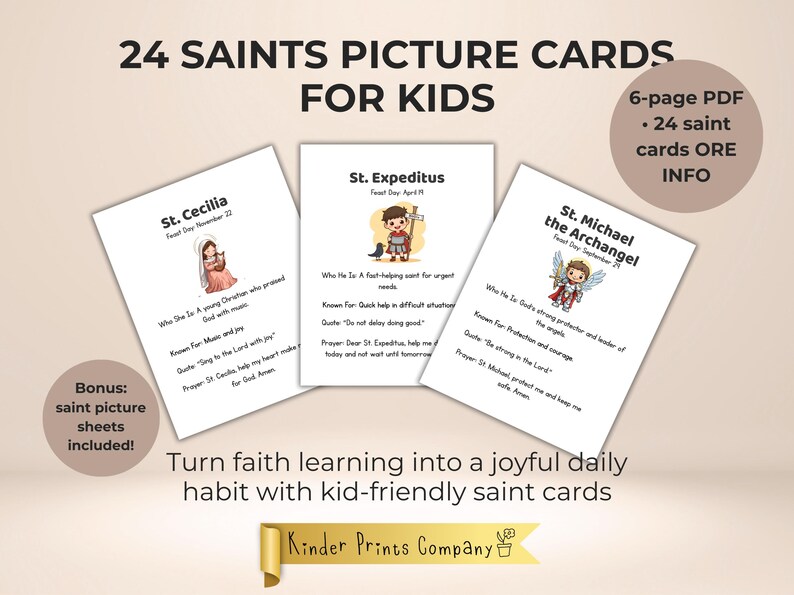 Catholic Saint Cards for Kids • Printable Prayers, Feast Days (digital ...