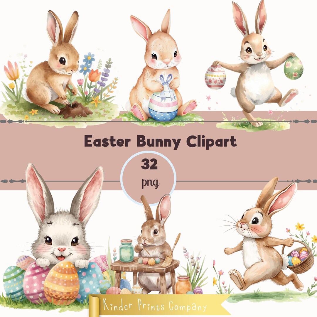 Watercolor Easter Bunny Clipart | Kids Classroom Graphics (PNG ...