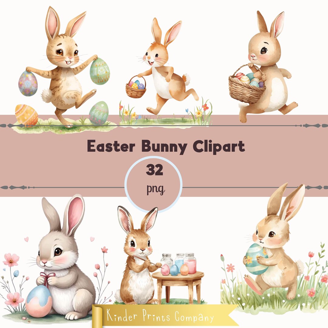 Watercolor Easter Bunny Clipart | Kids Classroom Graphics (PNG) | Ver.2 ...