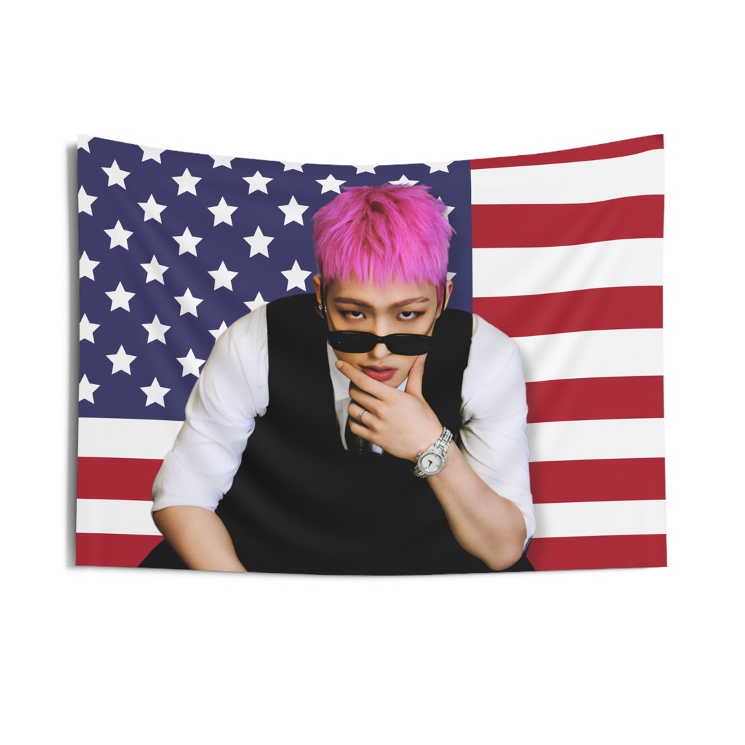 Ateez Mingi Pink Hair America Flag Banner, Ateez Mingi Kpop Flag ...
