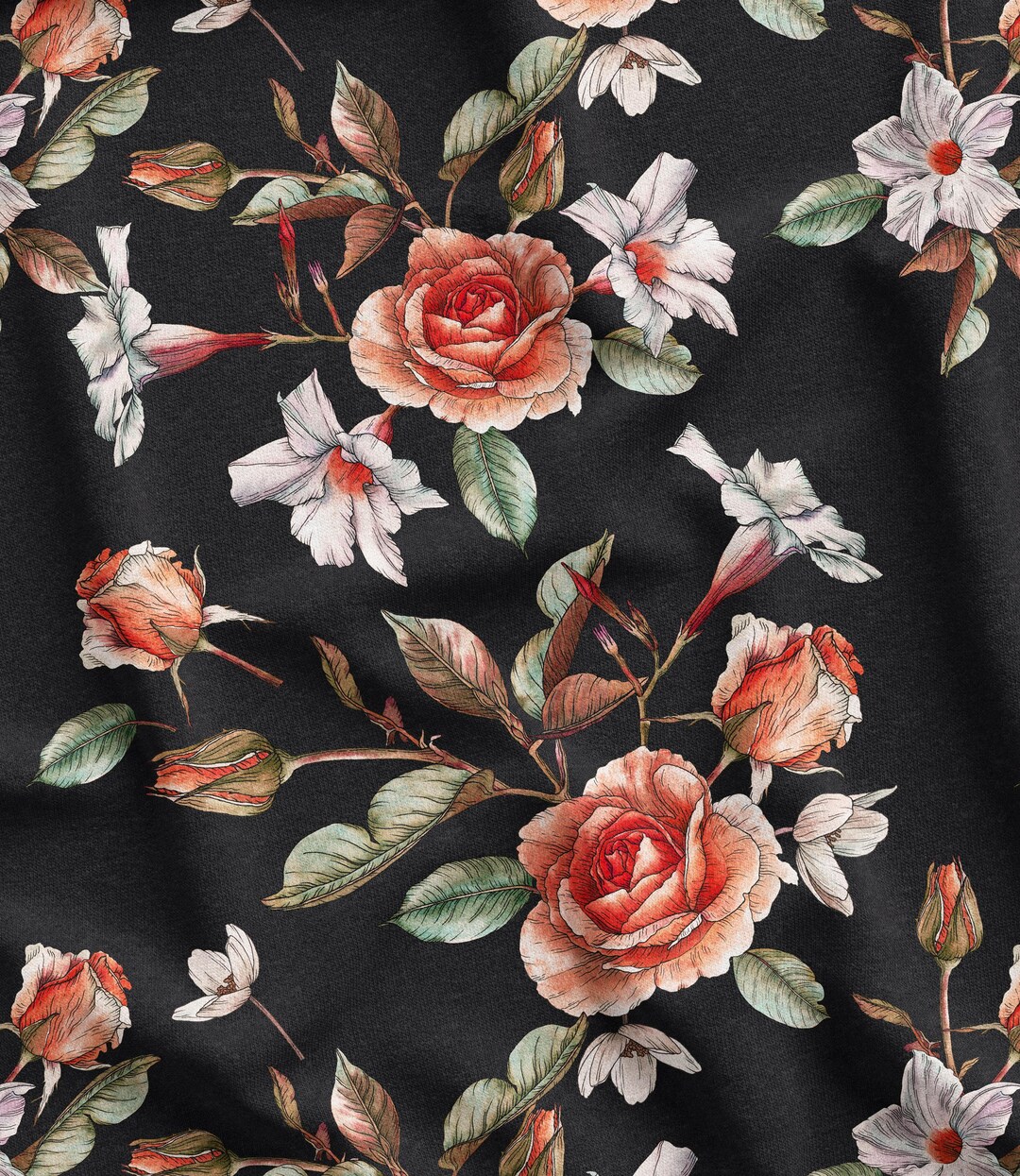 Black Background Classic Rose Pattern Digital Print Fabric, Floral ...