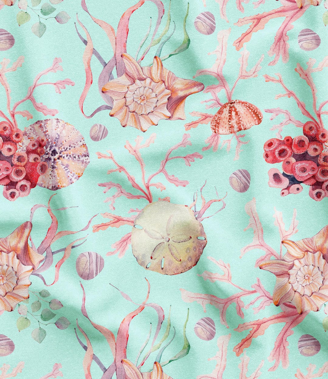 Seashell Coral Pattern Fabric, Coastal Upholstery, Nautical Sewing ...