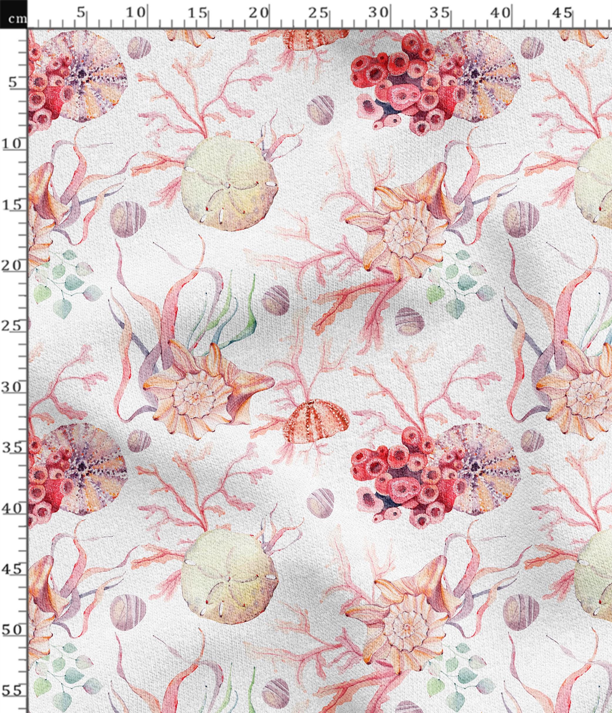 Seashell and Coral Pattern Digital Print Fabric by the Yard, White ...