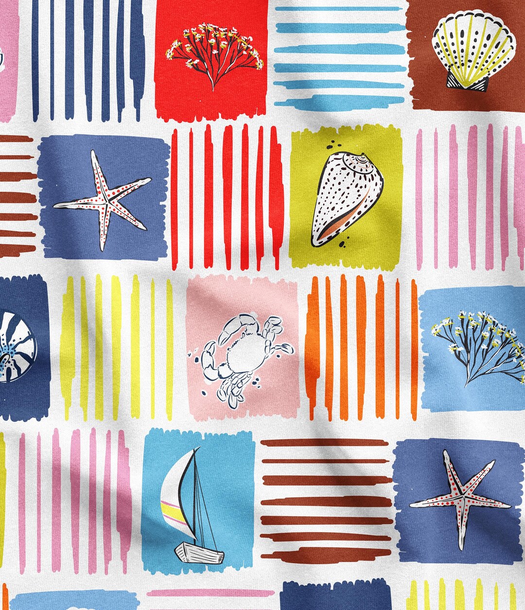 Colorful Seashell Pattern Digital Print Fabric by the Yard, Vibrant ...